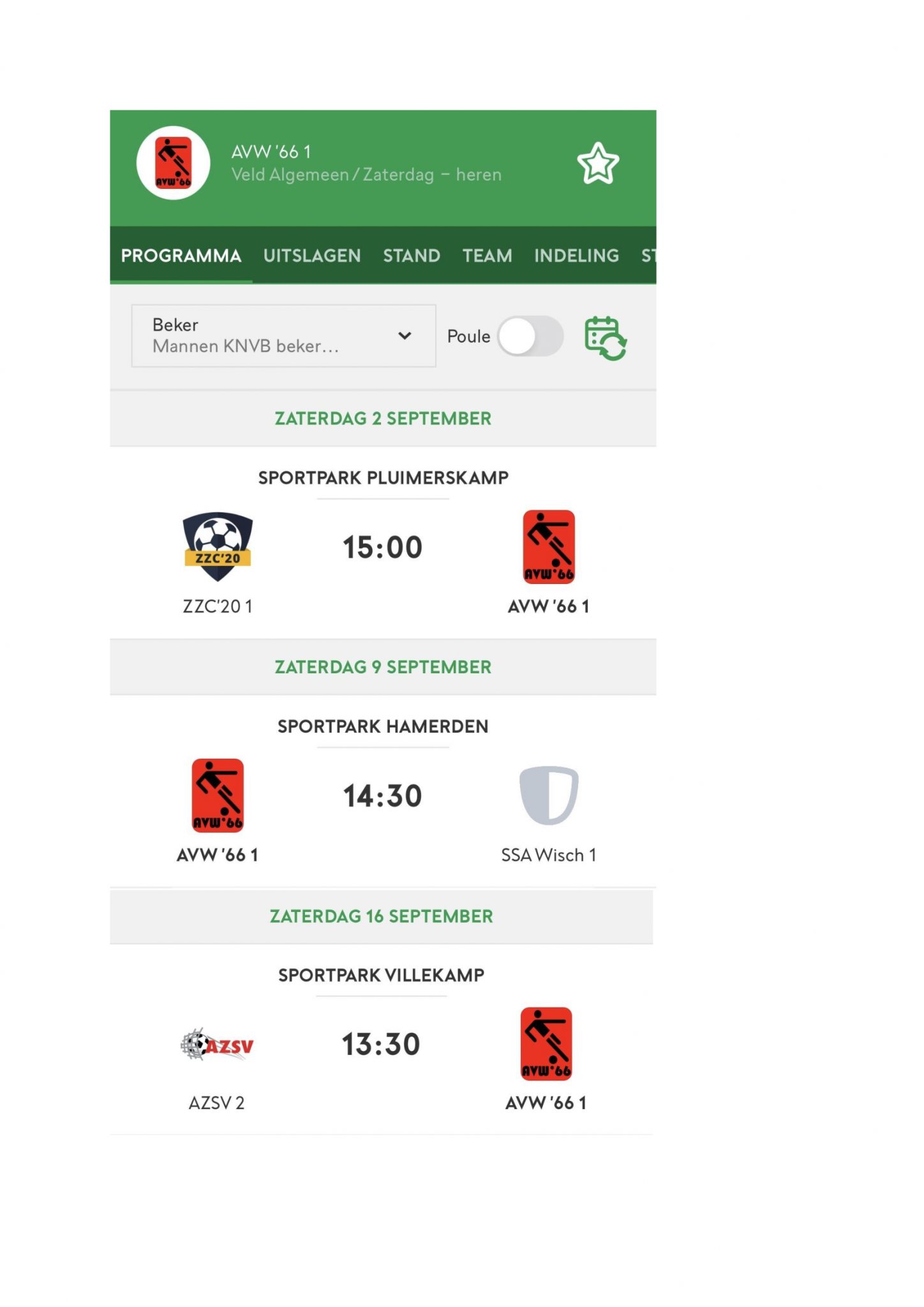 Indeling KNVB Beker AVW66 1 seizoen 2023-24 | AVW'66